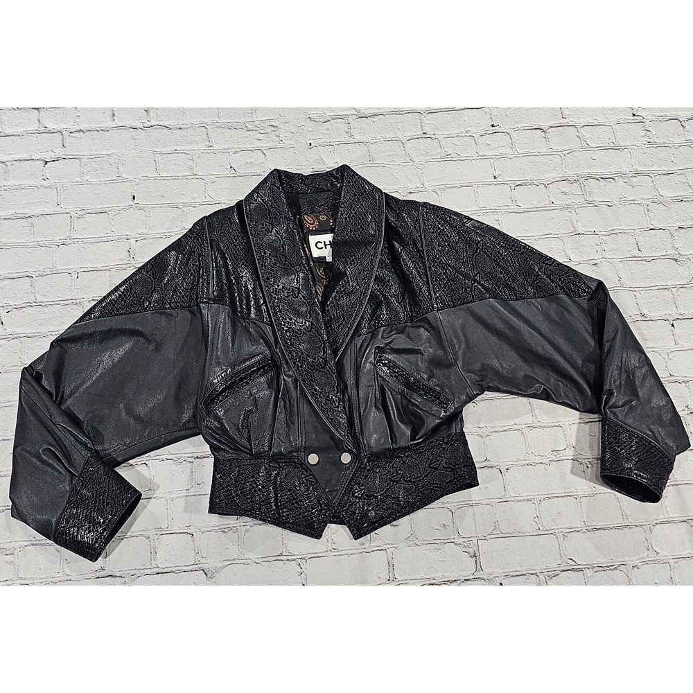 Vintage Chia Black Genuine Leather Snake Moto Bomber … - Gem